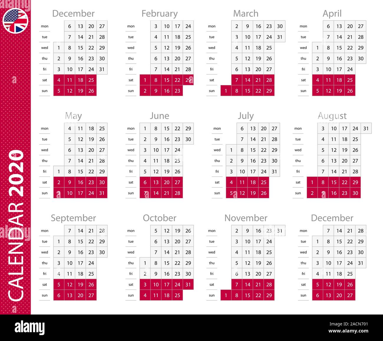 2020 calendar with vertical grid. Vector calendar template Stock Vector ...