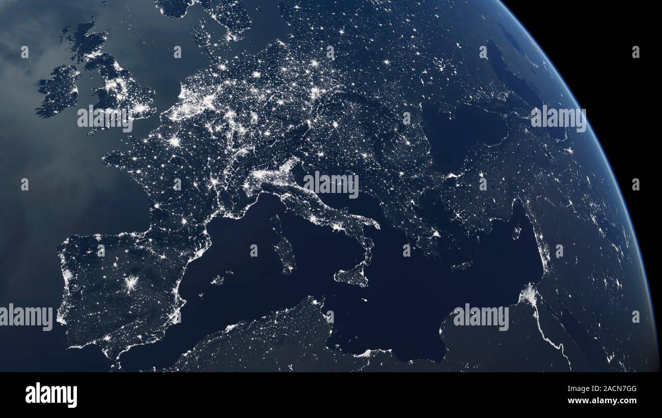 Europe at night. Map showing urban and industrial lights over Europe at ...