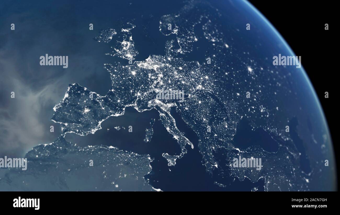 Europe at night. Map showing urban and industrial lights over Europe at ...