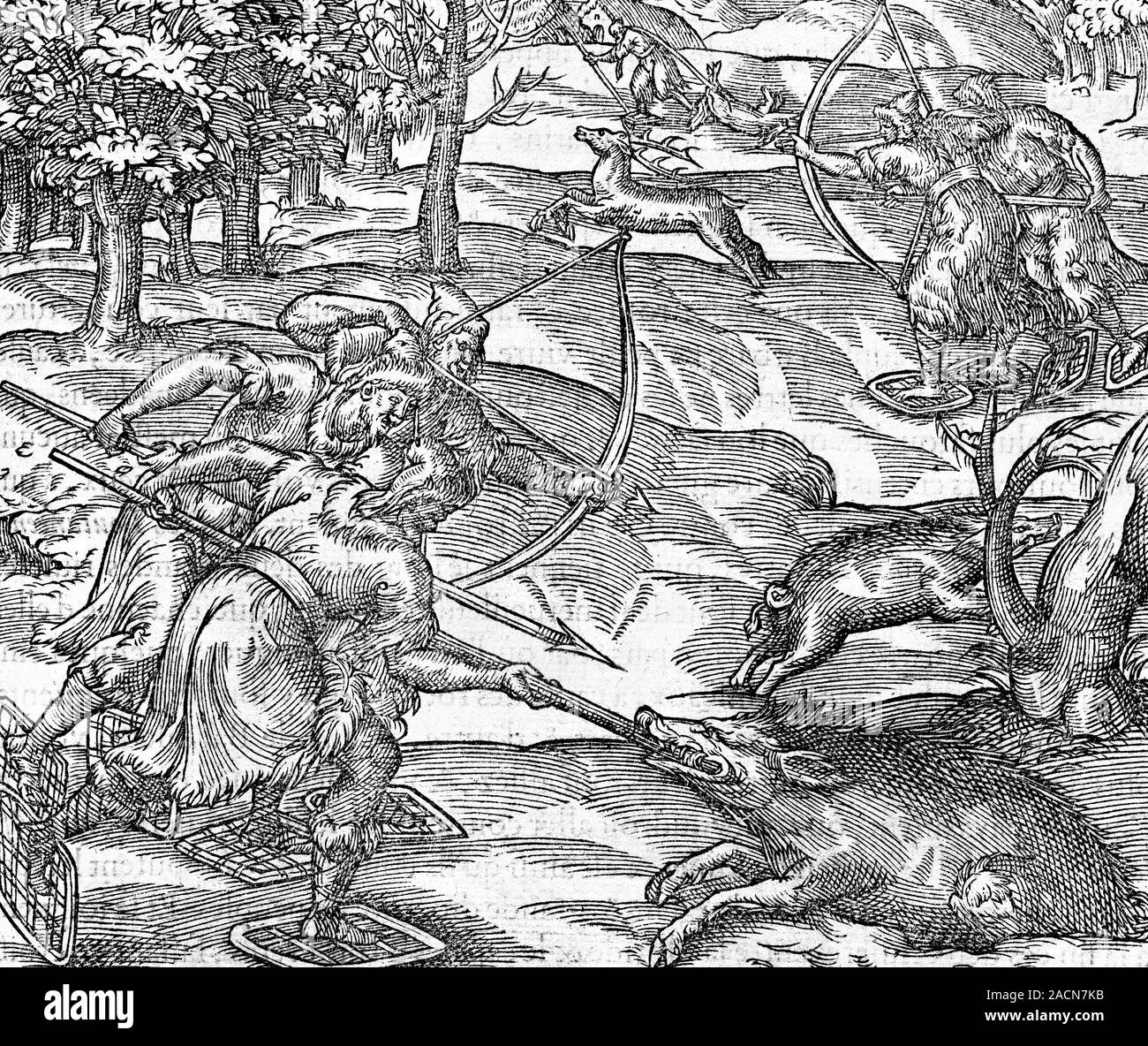 Canadian hunters. 16th-century artwork showing French colonists in the ...
