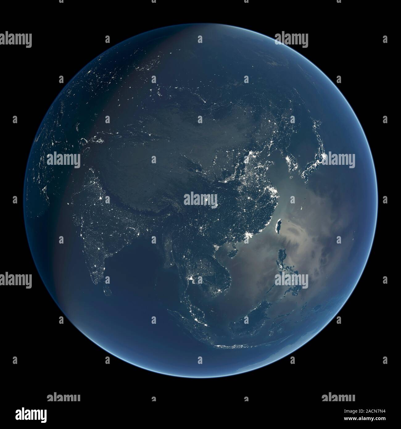 Asia at night. Map showing urban and industrial lights over Asia at ...