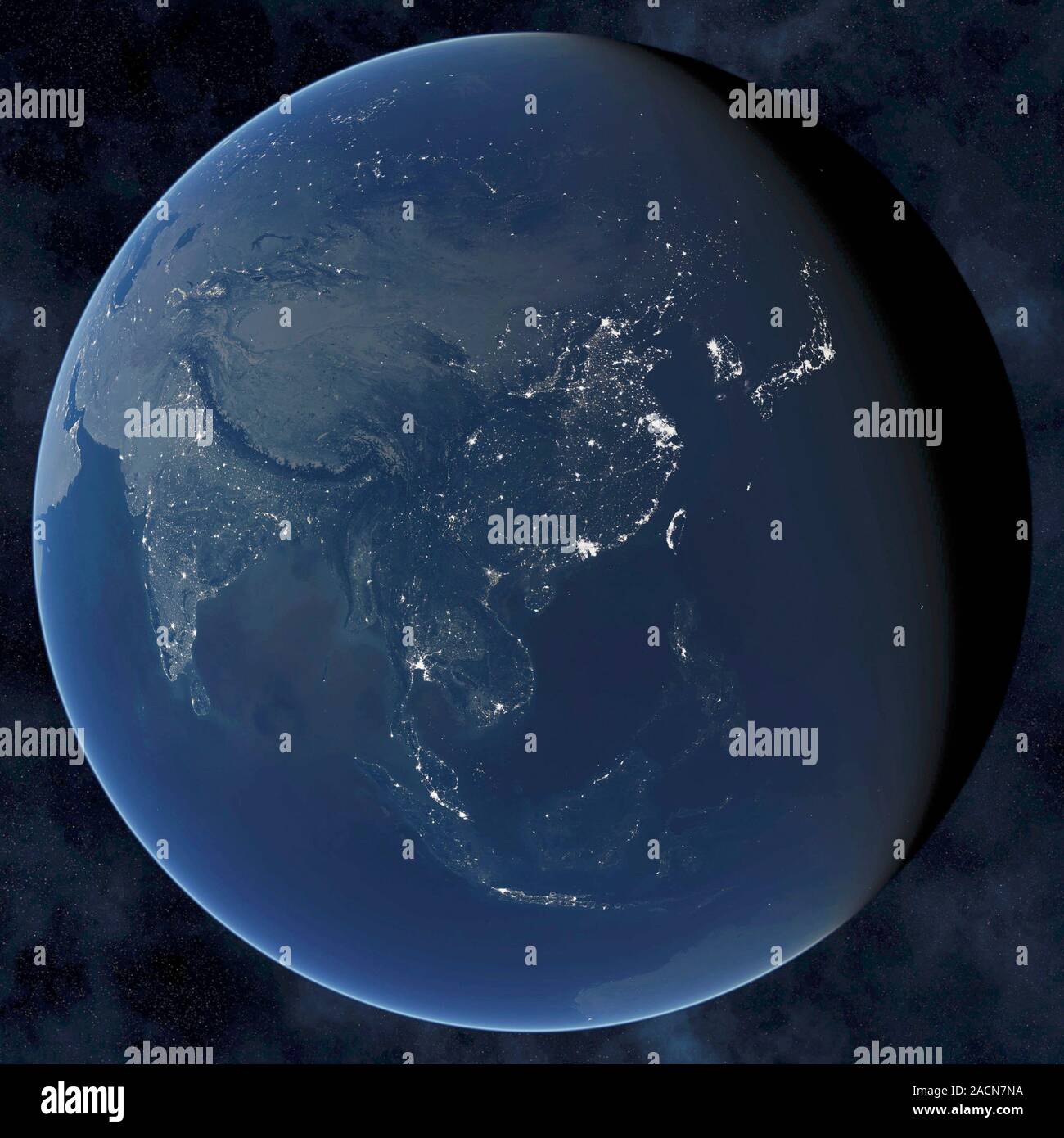 Asia at night. Map showing urban and industrial lights over Asia at ...