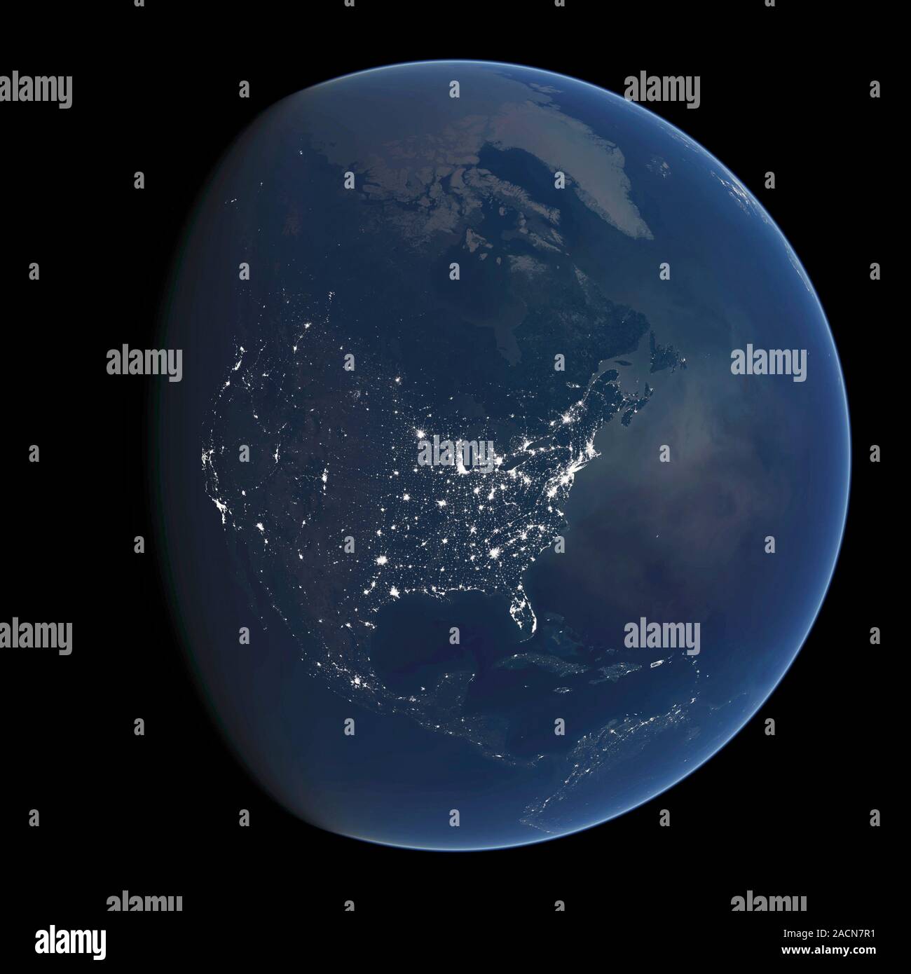 North America at night. Map showing urban and industrial lights over ...