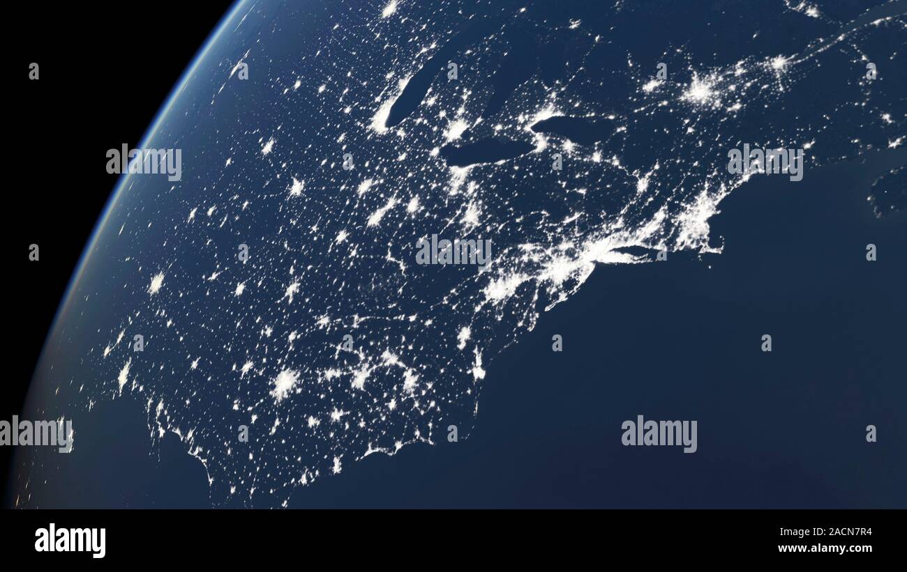 North America, eastern seaboard at night. Map showing urban and ...