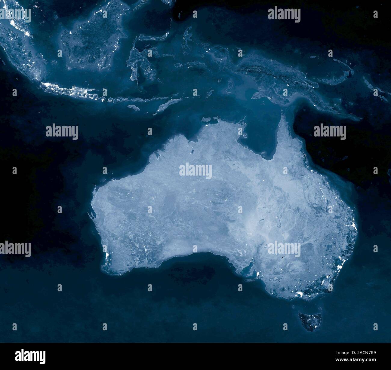 Australia at night. Map showing urban and industrial lights over ...