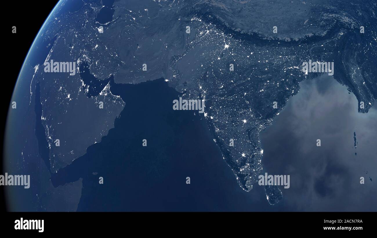 Middle East and India at night. Map showing urban and industrial lights ...