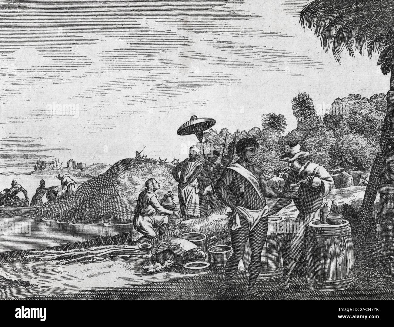 African Zenega and traders. 17th-century artwork of traders bartering ...