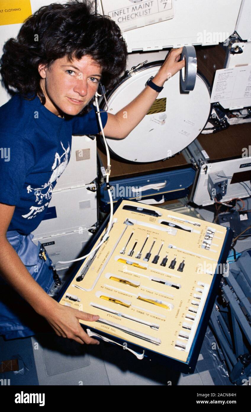Sally Ride on space shuttle Challenger. NASA astronaut and first US ...