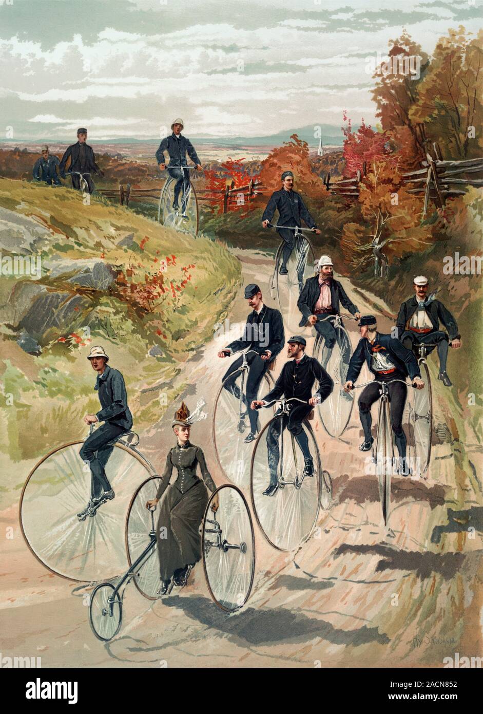 Cycling, 19th century artwork. The men are riding penny farthings ...