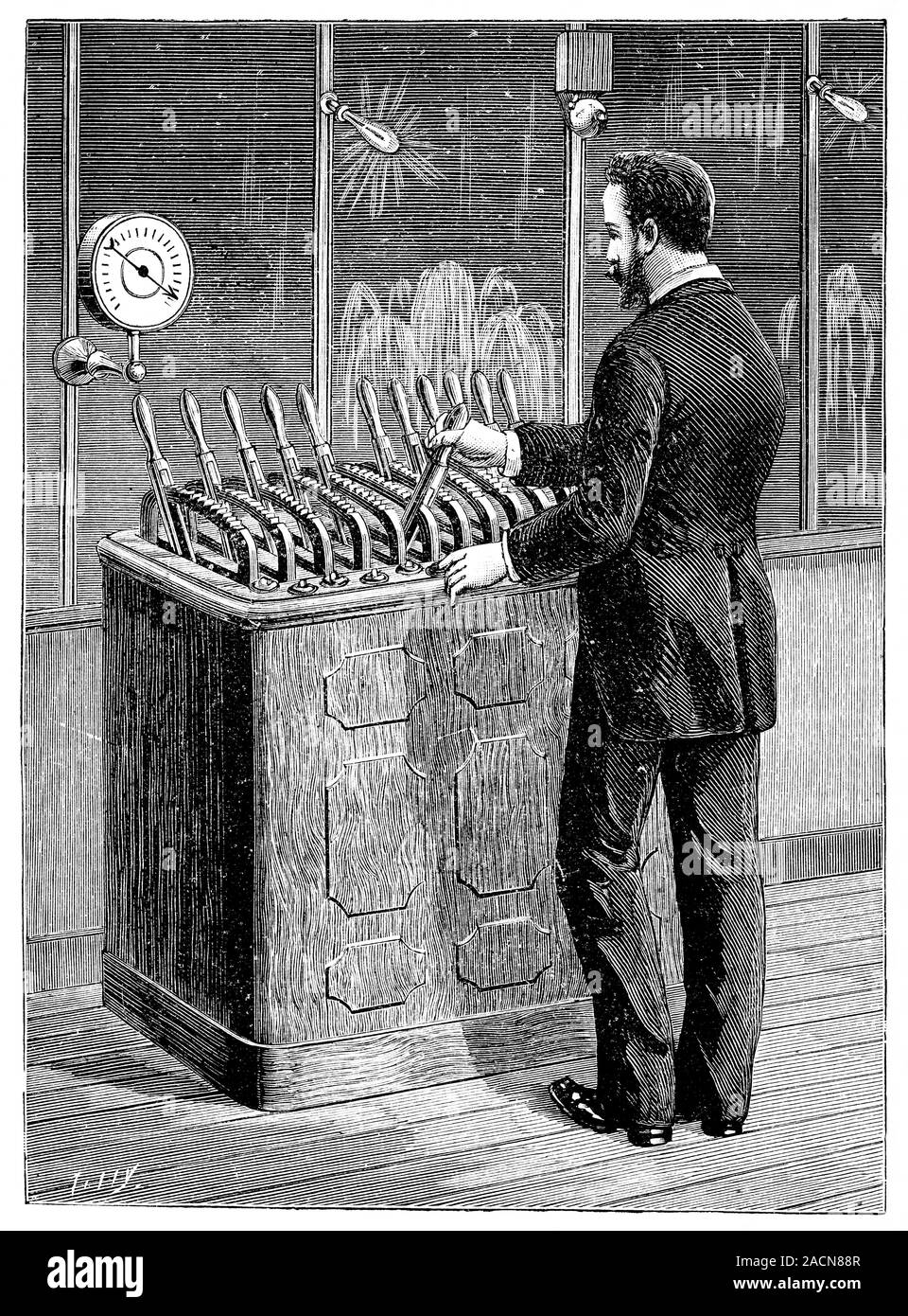 Illuminated fountains display. 19th-century artwork of a man operating ...