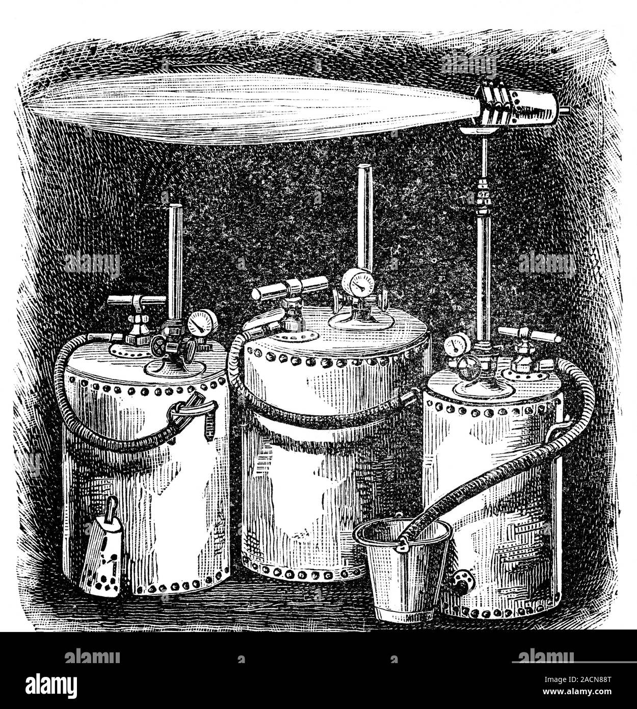 Wells pneumatic oil lamps. 19th-century artwork showing three models of ...