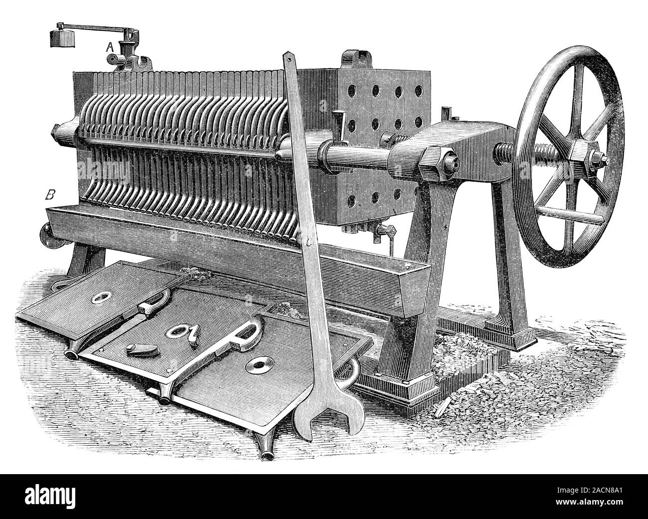 Paraffin press. 19th-century artwork of a machine used to produced ...