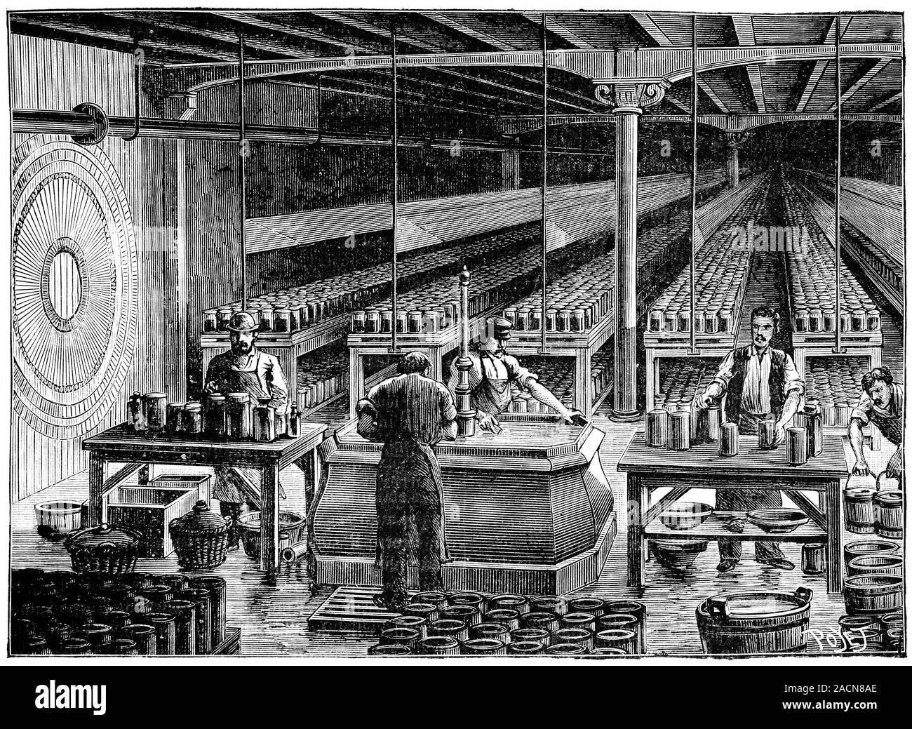 Telegraph office battery room. 19th-century artwork showing workers ...