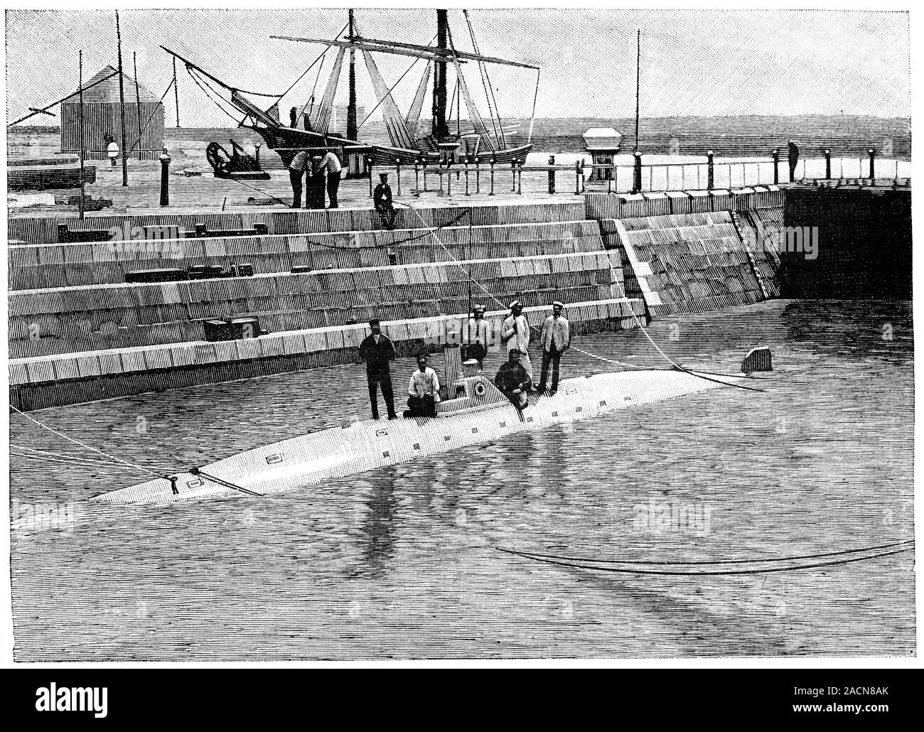 Peral submarine. 19th-century artwork of the Spanish Peral electric ...