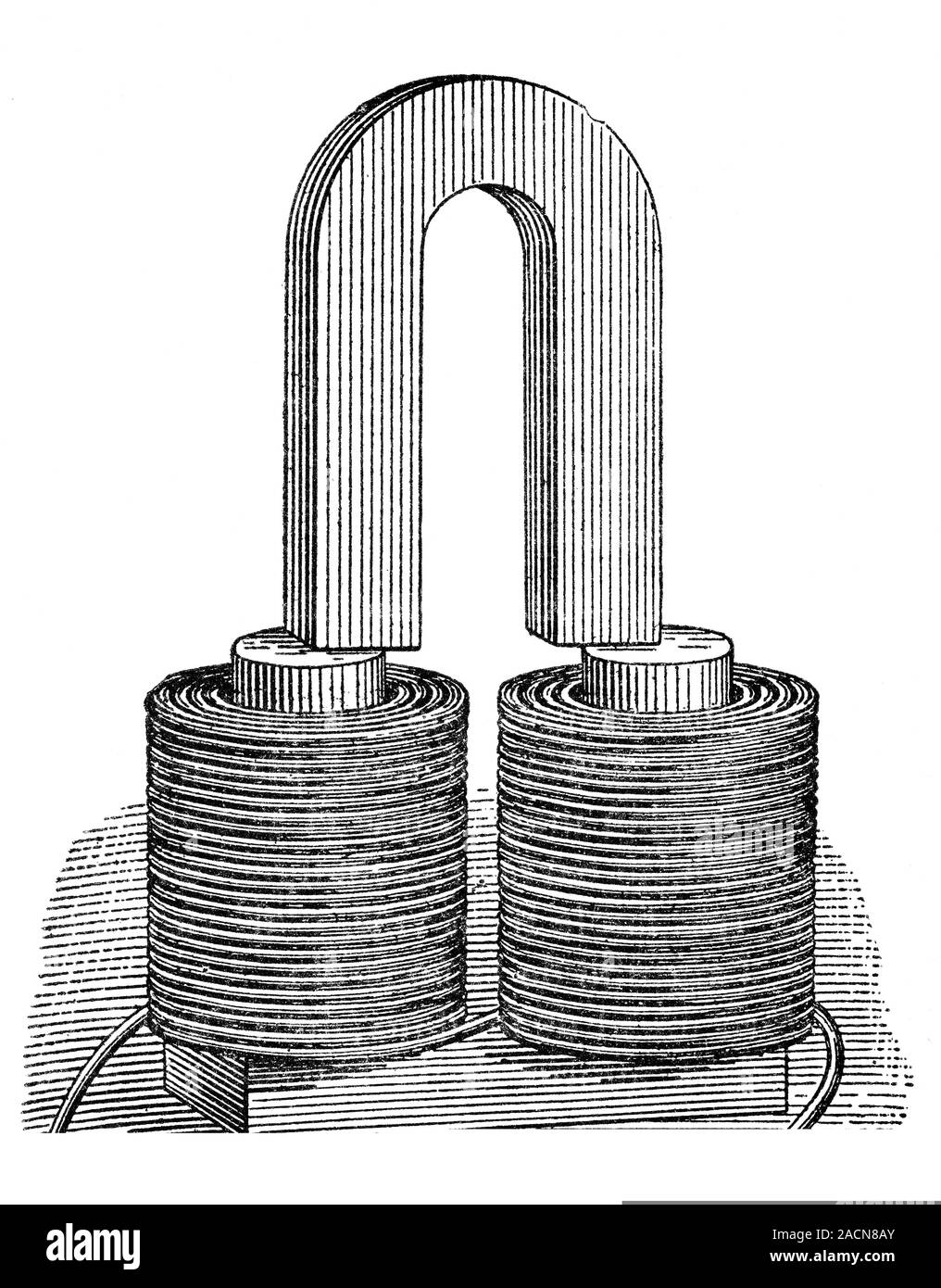 Magnetism experiment. 19th-century artwork of a permanent iron magnet ...
