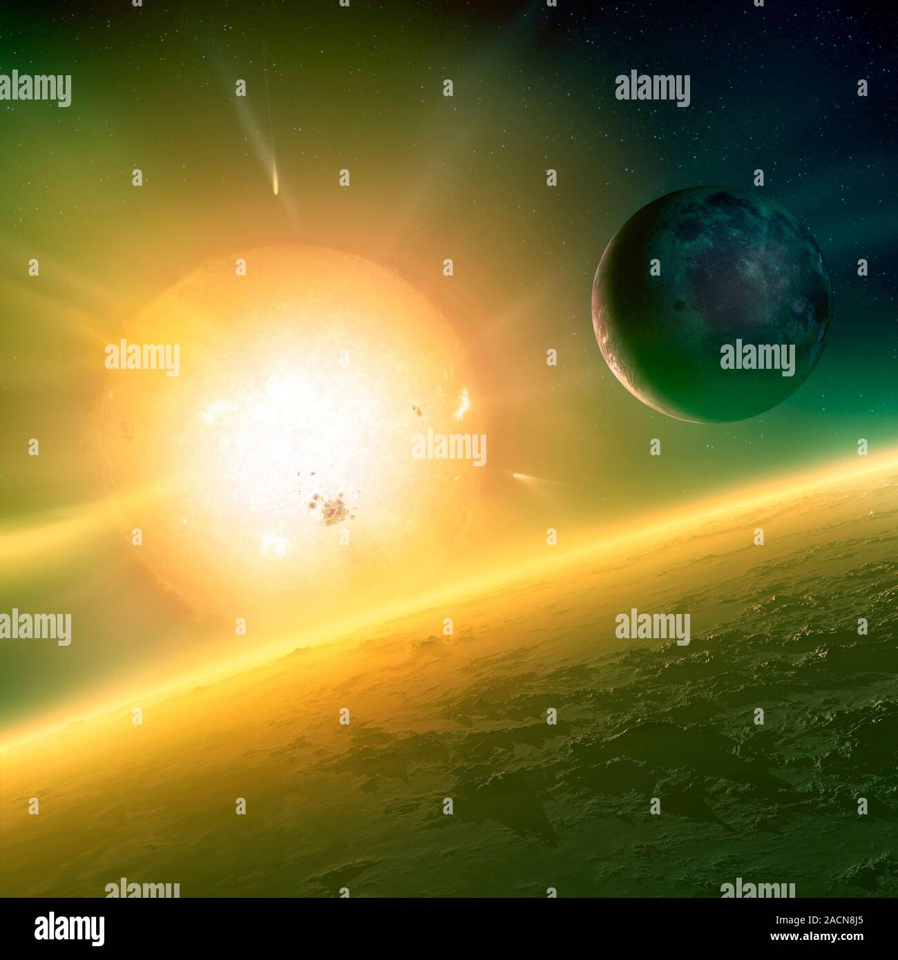 Alien planetary system. Computer artwork of a view across an alien moon ...