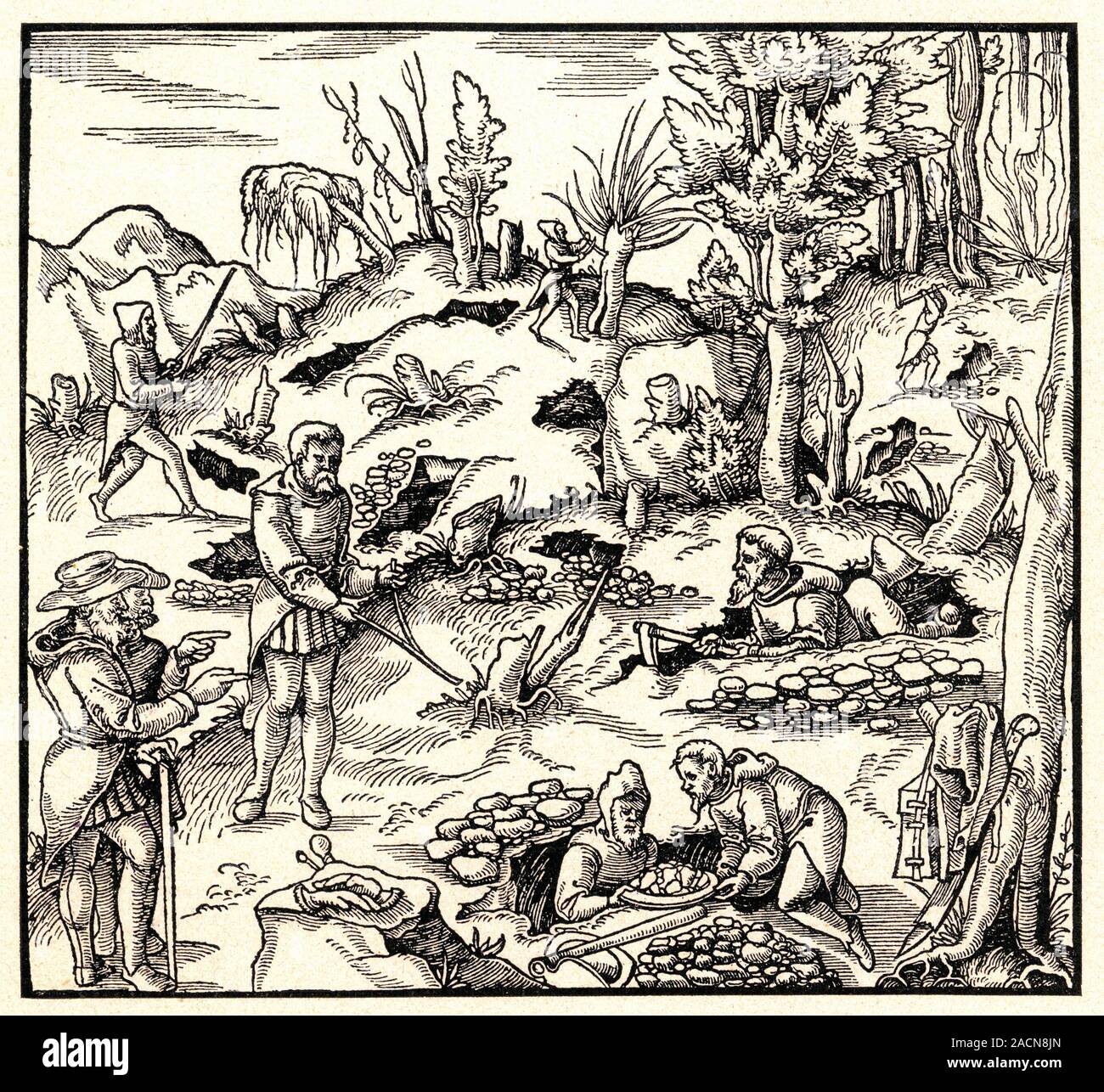 Mineral mining. 16th Century artwork depicting workers digging for iron ...