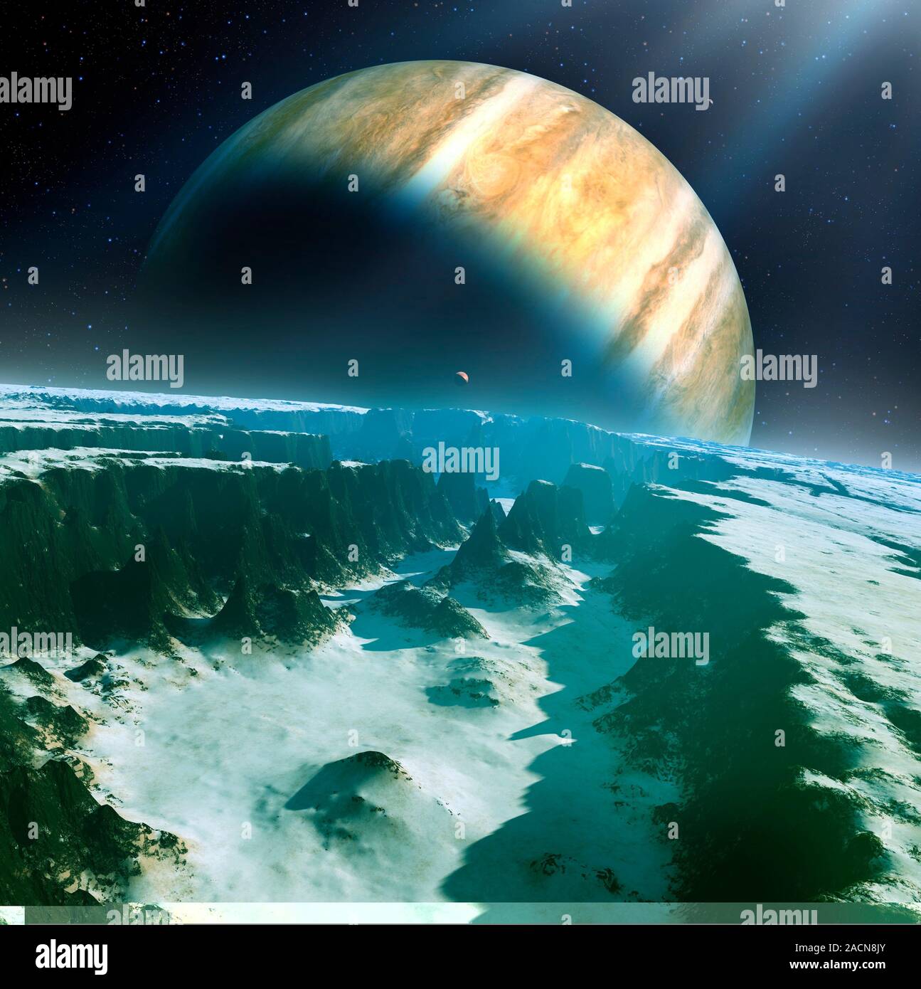 Alien planetary system. Computer artwork of a view across an Earth-like ...