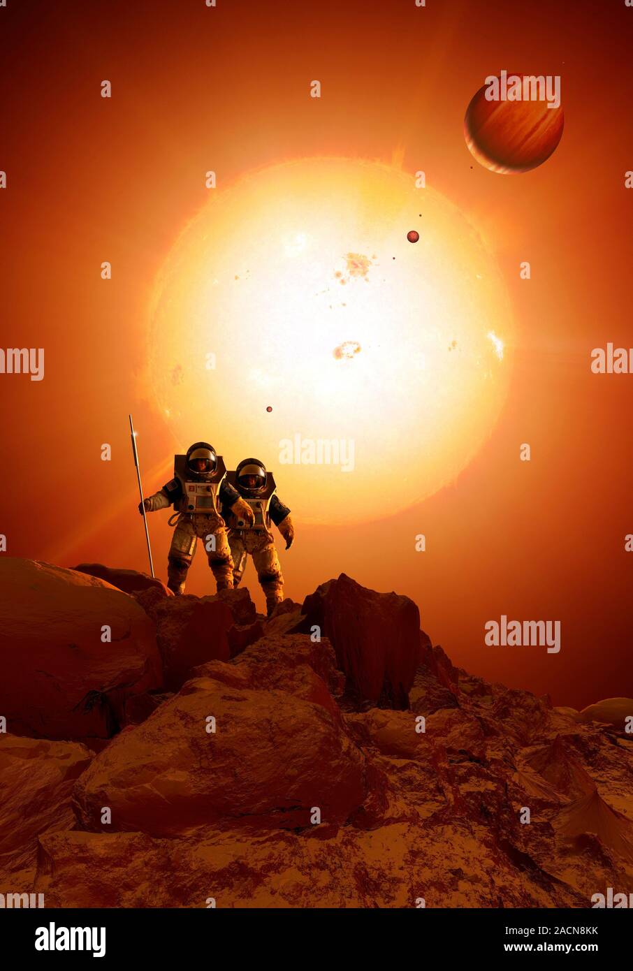 Alien planet exploration. Computer artwork of astronauts on the surface ...