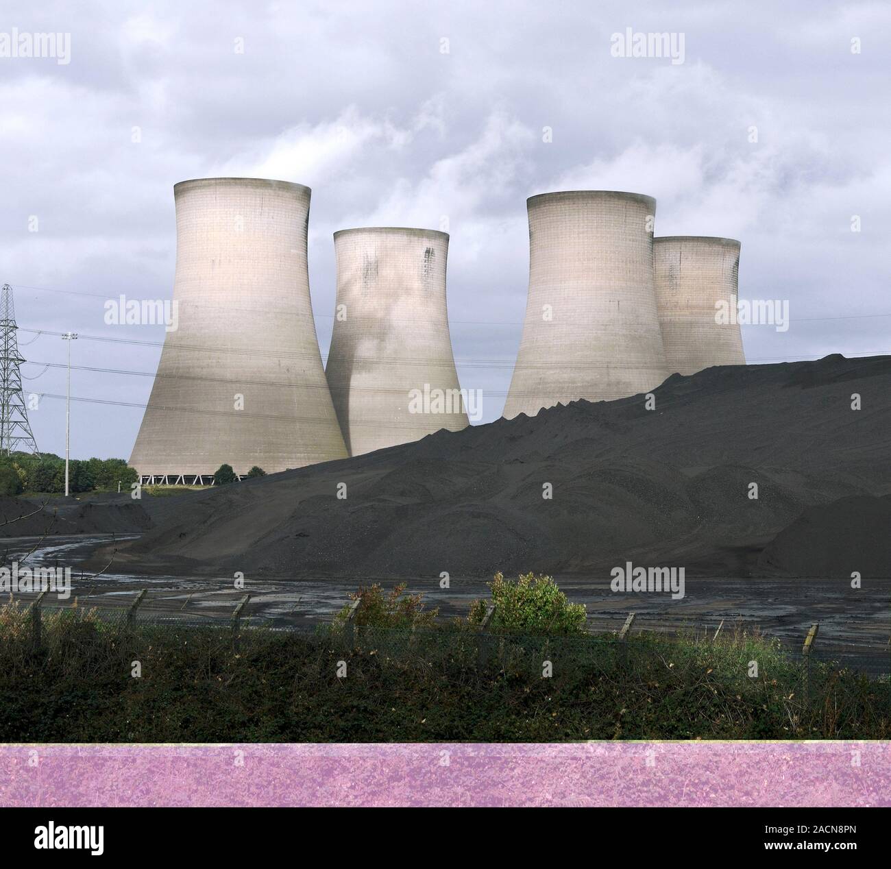 Cooling towers behind coal stockpile, Fiddler's Ferry power station ...