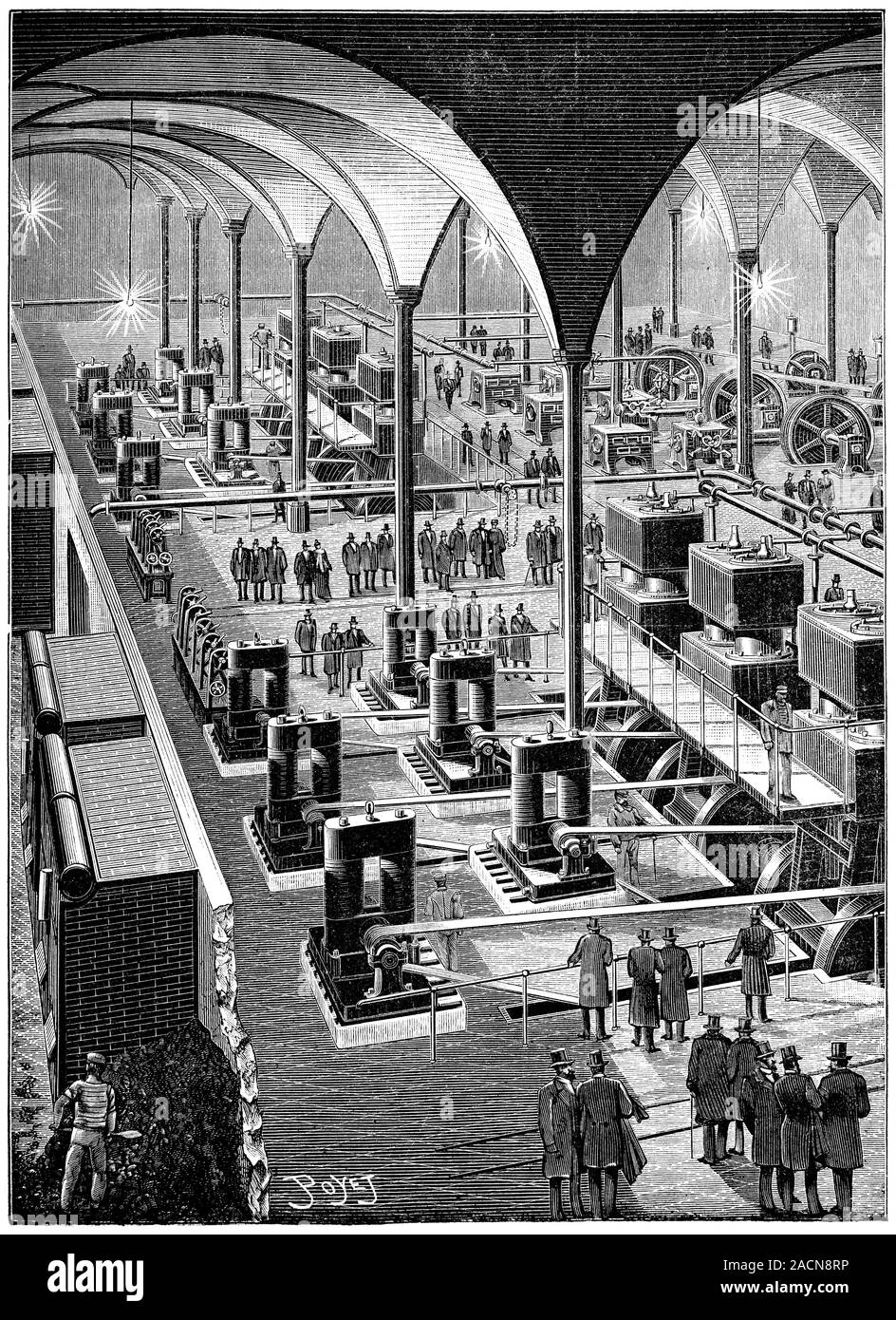 Electrical power station. 19th-century artwork of the inside of an ...