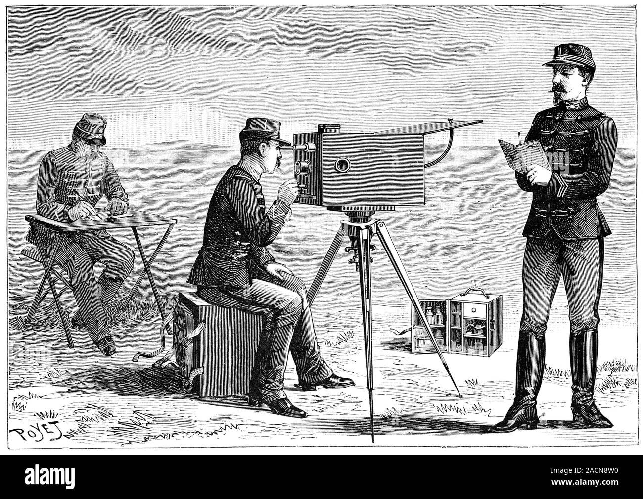 Optical telegraphy. 19th-century artwork of French soldiers using ...
