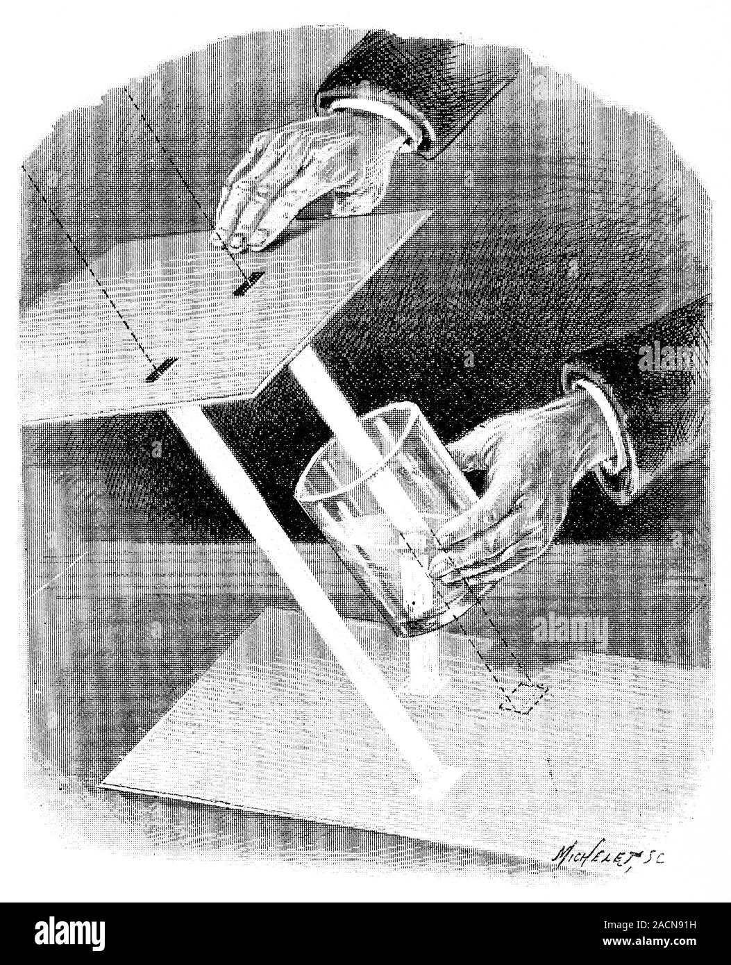 Refraction demonstration. 19th-century artwork of a demonstration of ...