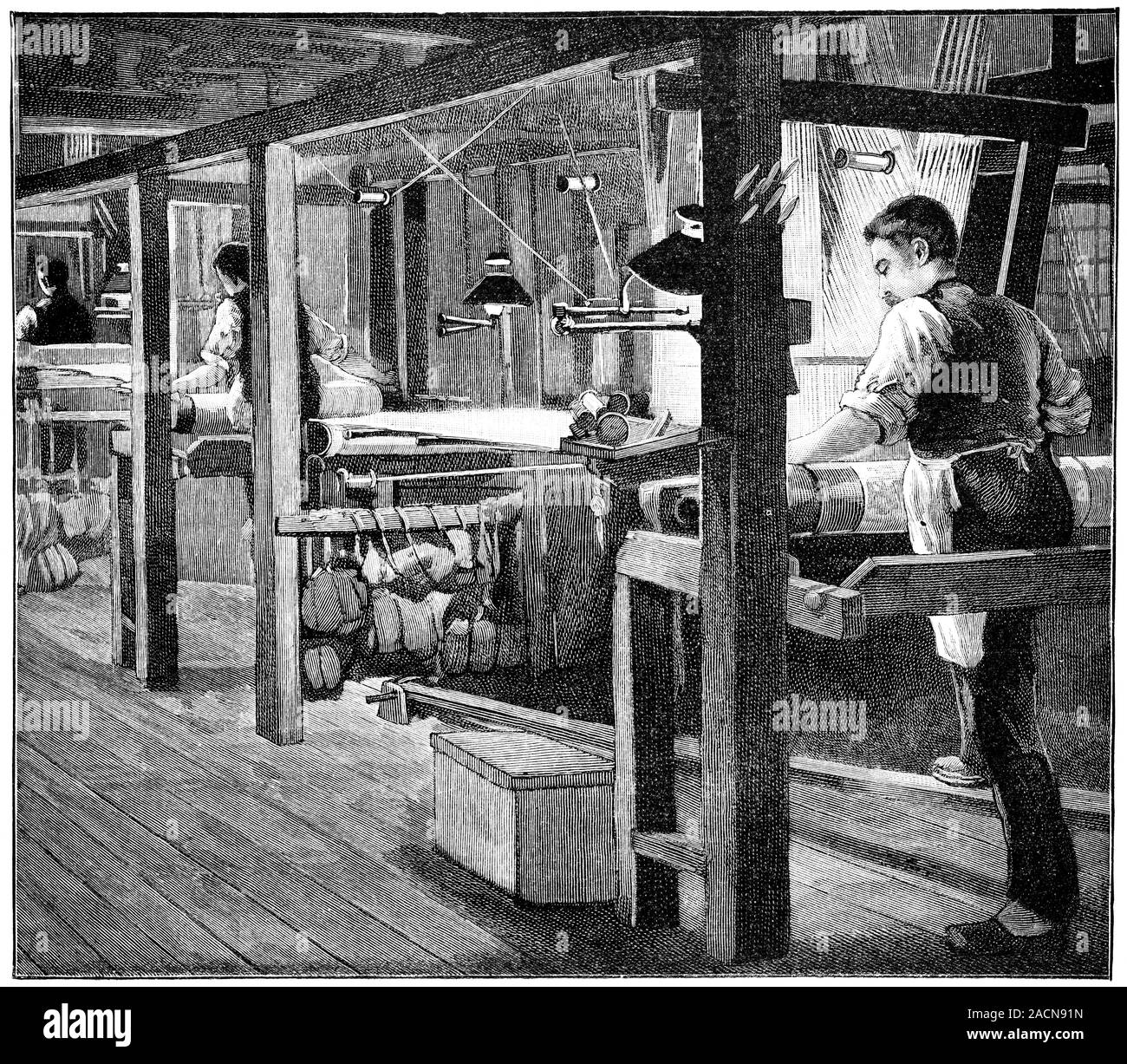 Spitalfields silk industry. 19th-century artwork of workers weaving ...