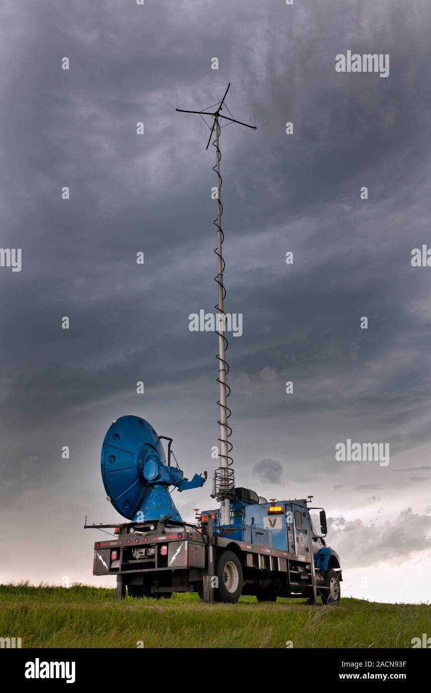 Storm chasing. Doppler on Wheels (DOW) portable weather radar truck ...