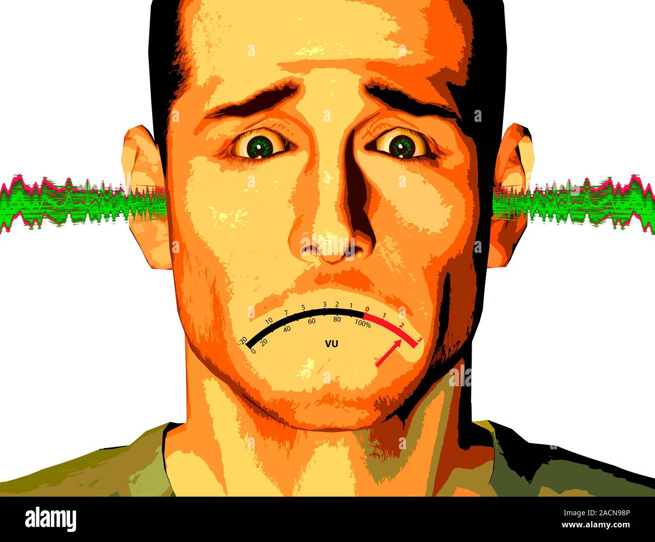 Hearing damage. Conceptual artwork of a man with distorted sound waves ...