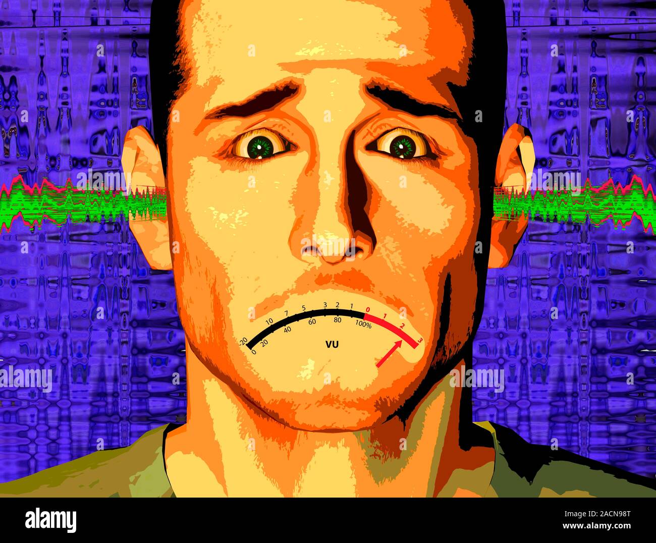 Hearing damage. Conceptual artwork of a man with distorted sound waves ...