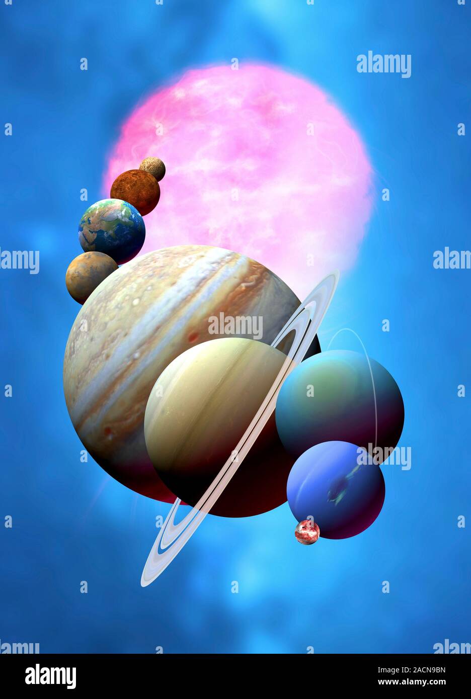 Solar system planets and Sun, artwork. The Sun (pink, background) makes ...