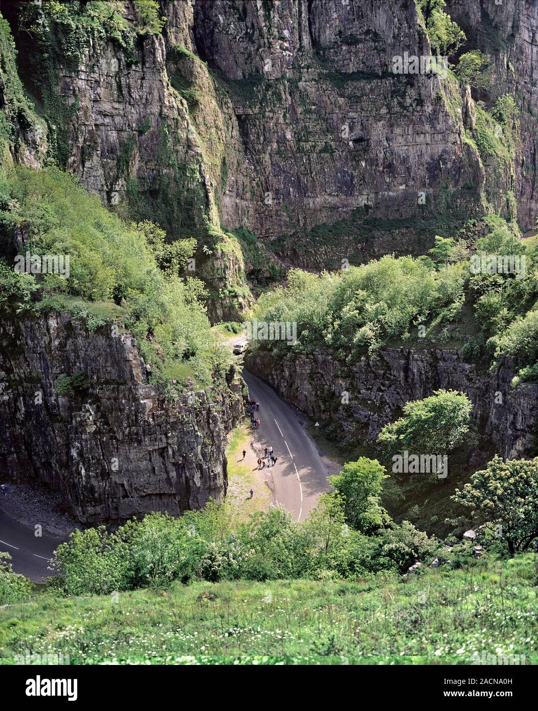 Cheddar Gorge and road. View looking down on the road (B3135) winding ...