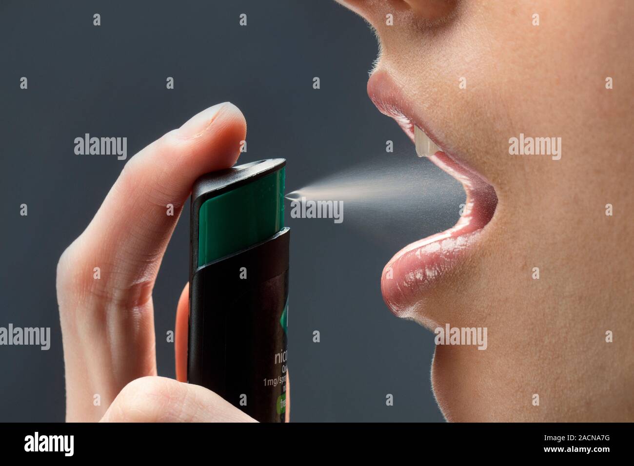 Nicotine (Nicorette) mouth spray used by a female patient in order to ...