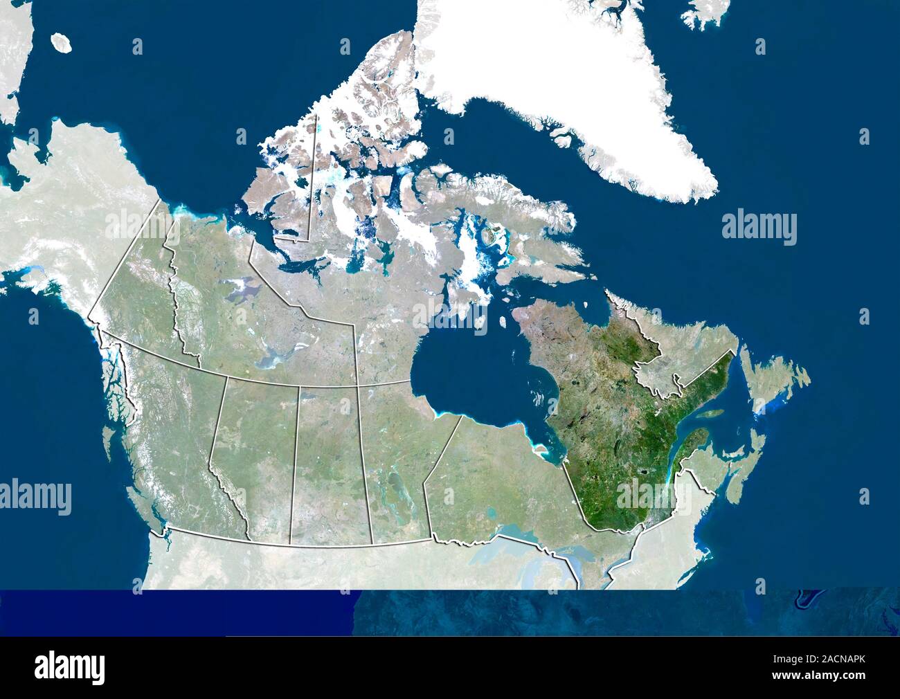 Quebec, satellite image. North is at top. Natural colour satellite ...