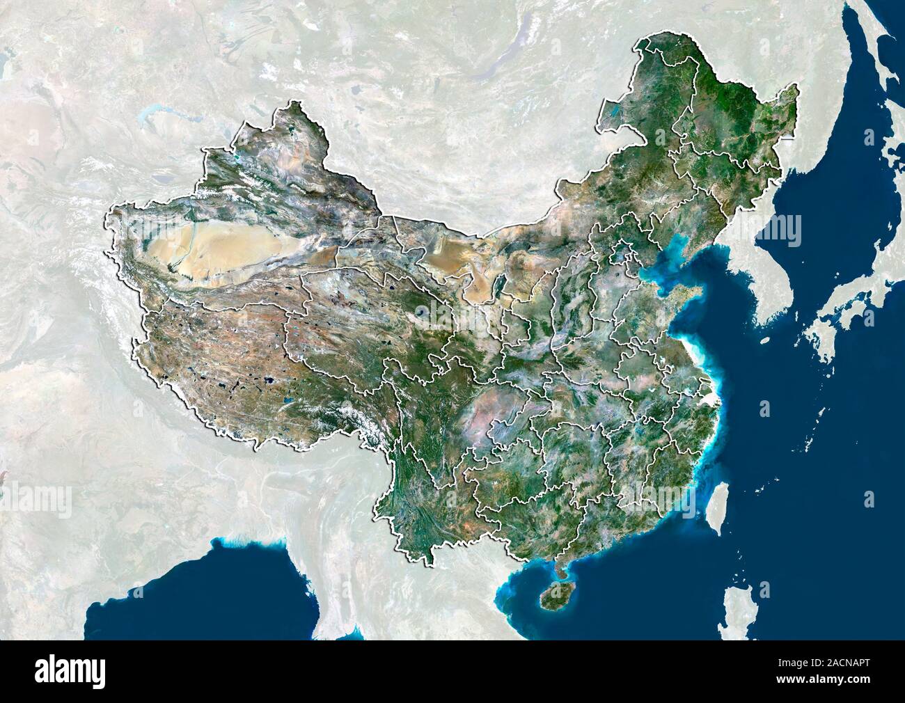 China, satellite image. North is at top. Natural colour satellite image ...