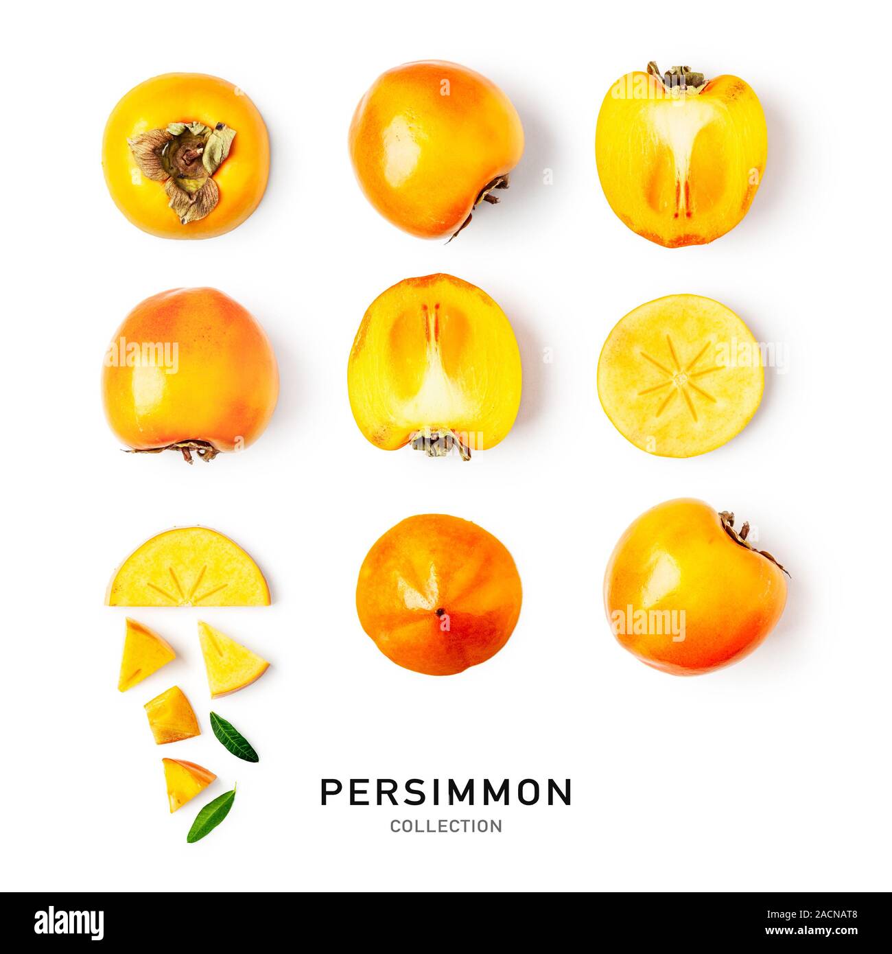 Fresh persimmon fruit collection as creative layout isolated on white ...