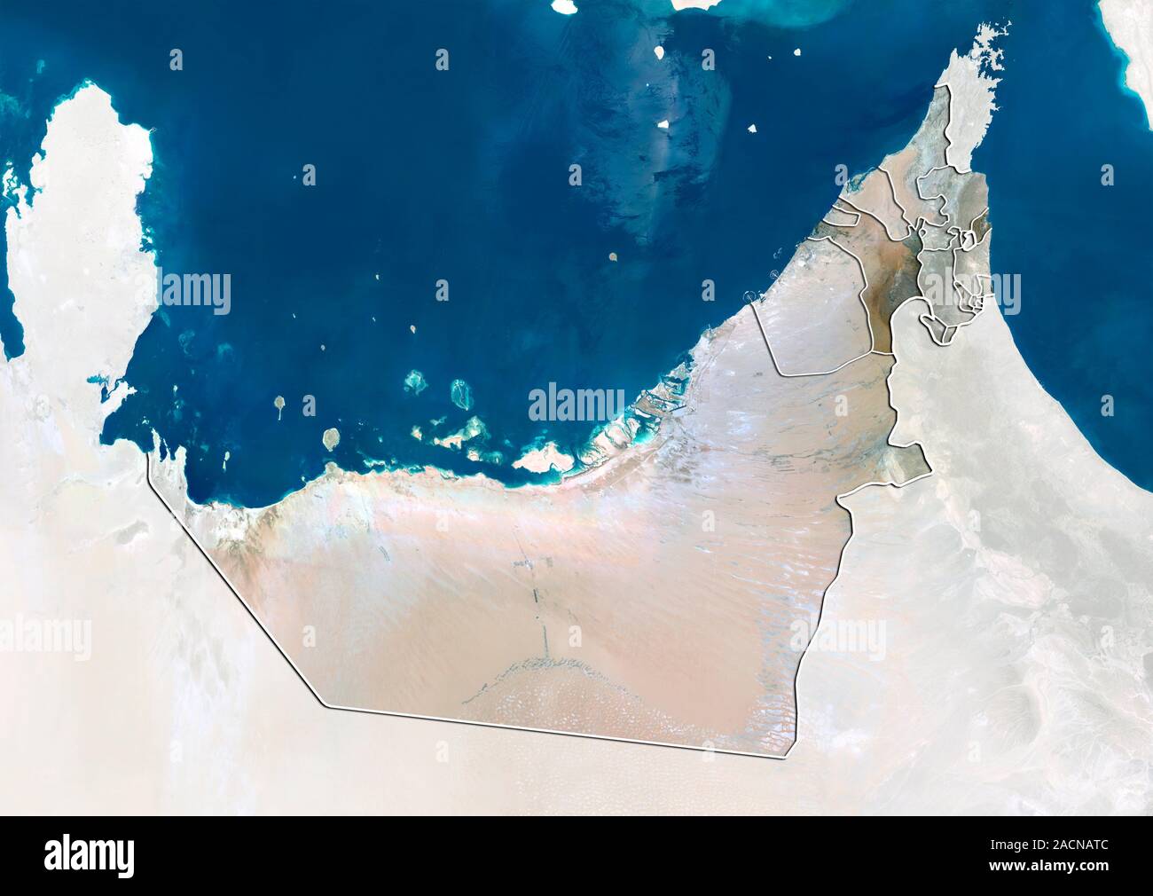 United Arab Emirates, satellite image. North is at top. Natural colour ...