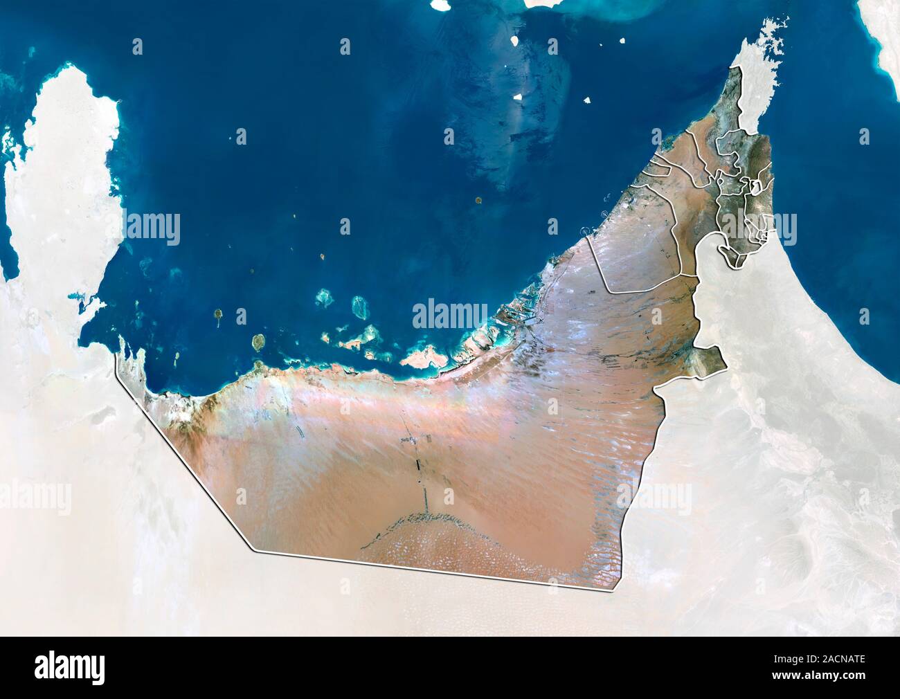 United Arab Emirates, satellite image. North is at top. Natural colour ...