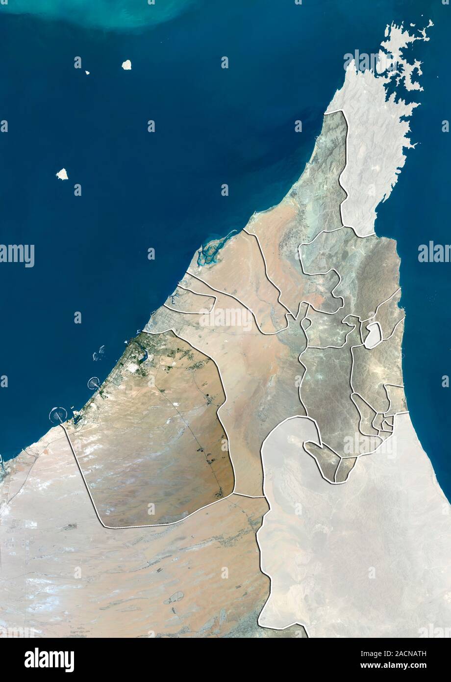 Dubai, satellite image. North is at top. Natural colour satellite image ...