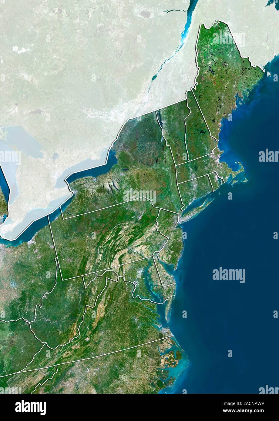 Northeastern USA, satellite image. North is at top. Natural colour ...