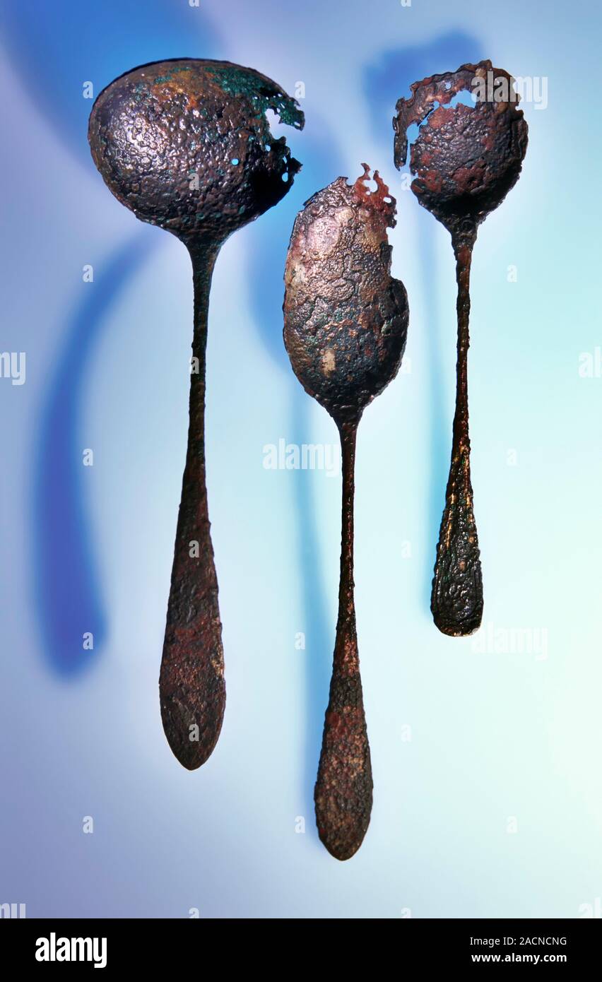 Corroded spoons recovered from the RMS Titanic. The Titanic was the ...
