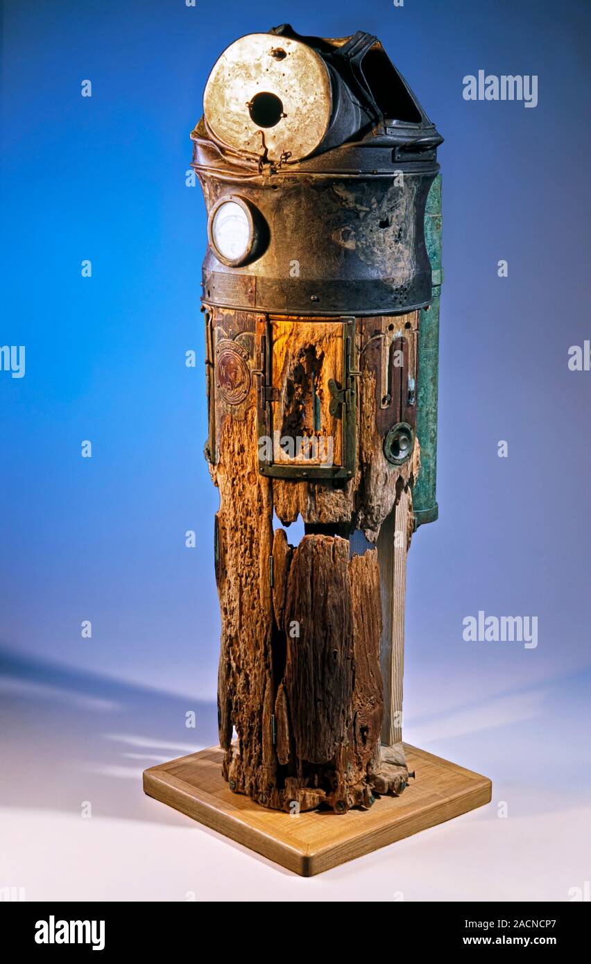 Compass stand recovered from the RMS Titanic. The wood has been damaged ...