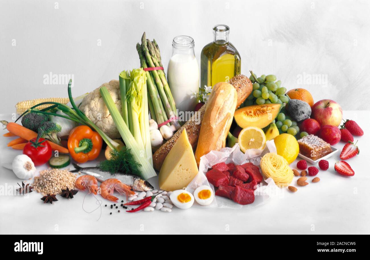 Food groups. Assorted selection of foods, including: vegetables, pulses ...