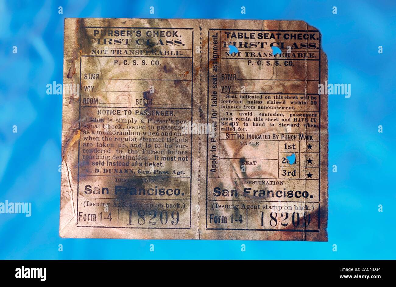 First-class table seat ticket recovered from the RMS Titanic. The ...