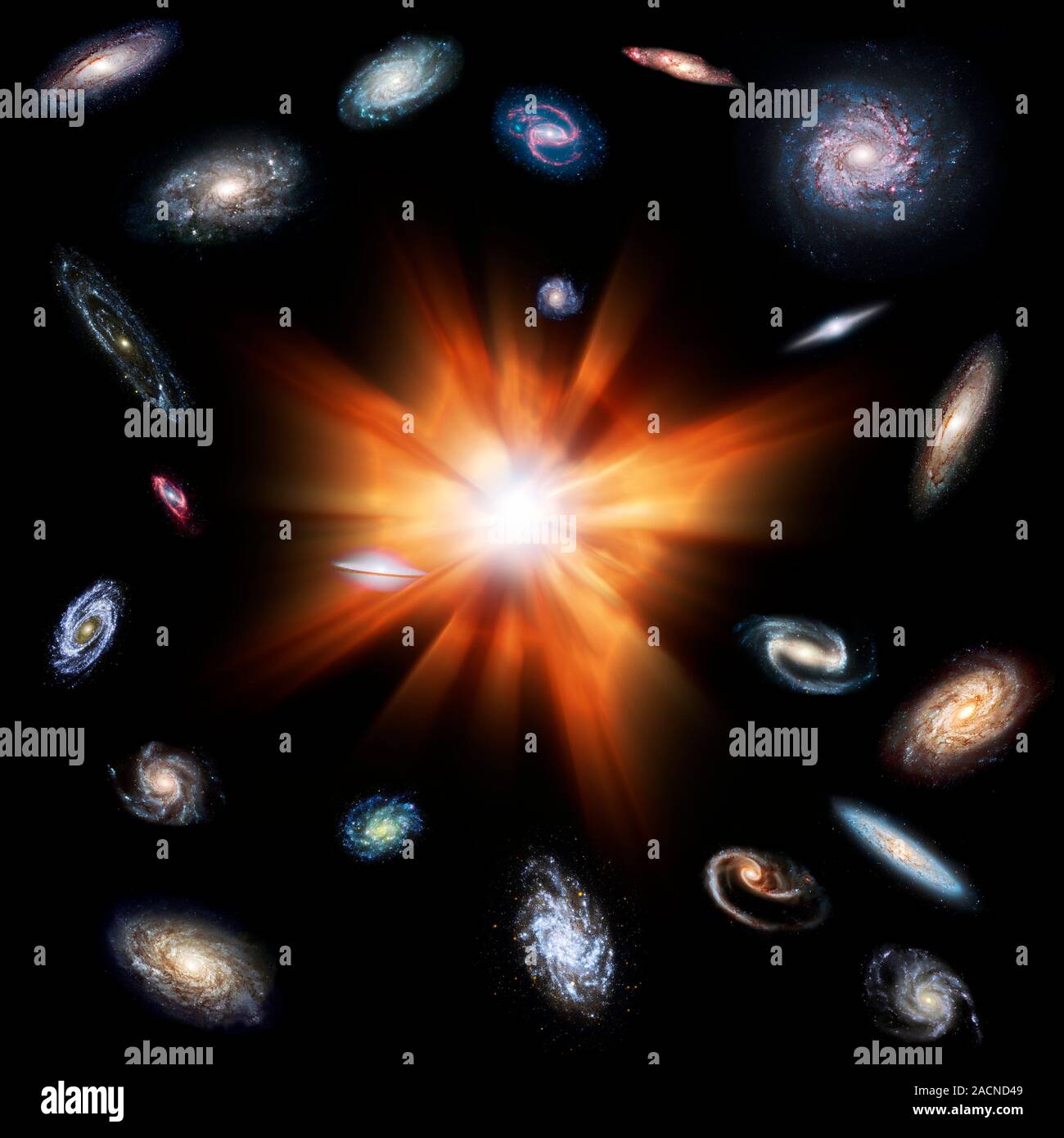 Big Bang and galaxies. Artwork showing the galaxies that formed ...