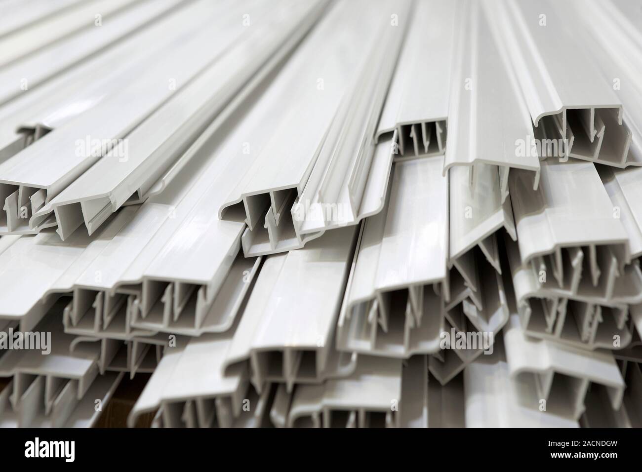 Extruded uPVC window frames. uPVC is unplasticized polyvinyl chloride ...