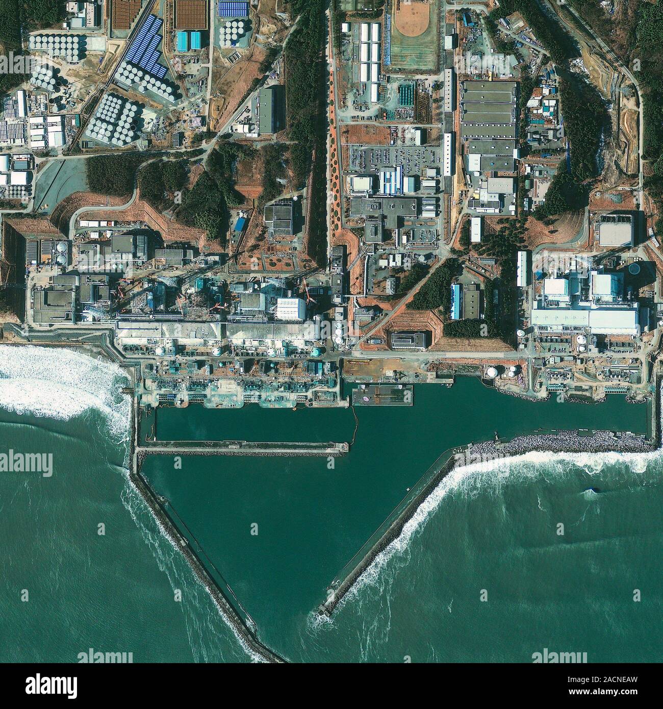 Fukushima nuclear power plant. Satellite image of the Fukushima Dai ...