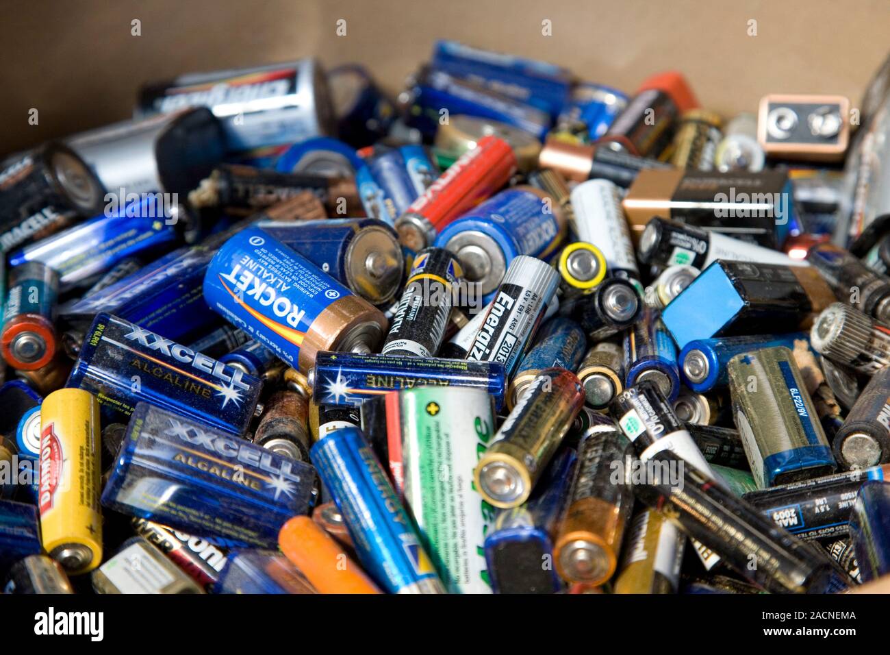 Heavy metals recycling factory. Batteries waiting to be recycled at a ...