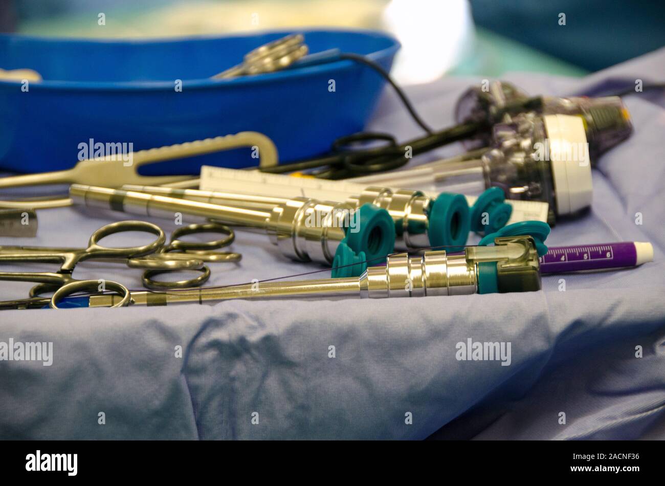 Prostate cancer surgery. Surgical equipment laid out ready for use in ...